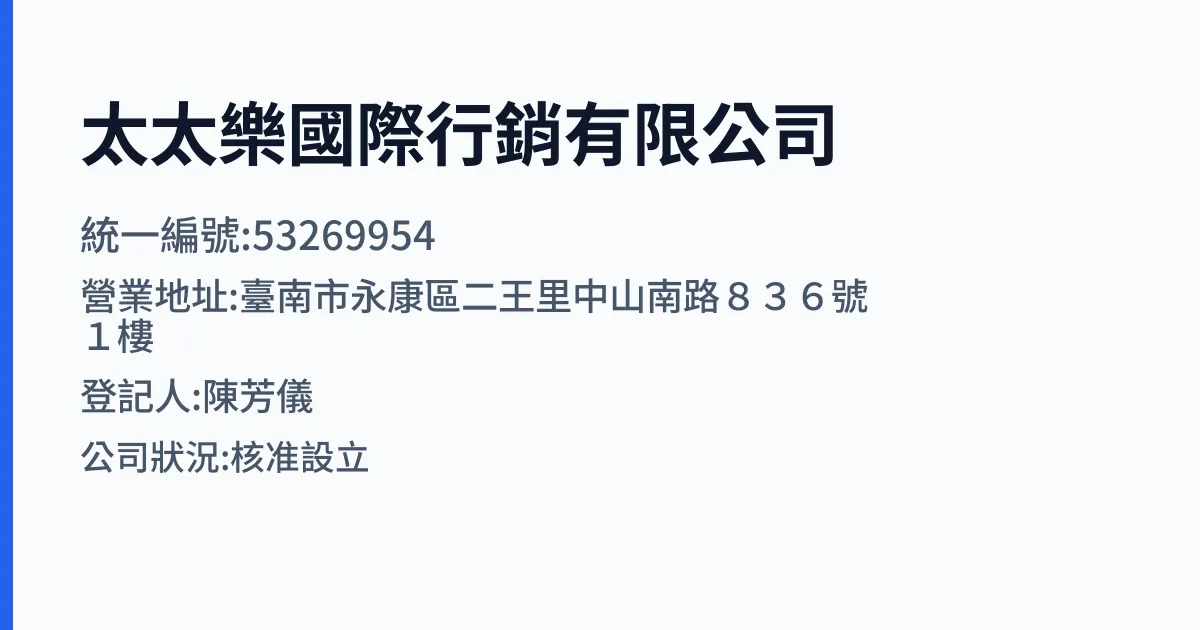 太太樂國際行銷有限公司 - 統編 53269954(臺南市) 公司登記資料與營業項目詳細圖表
