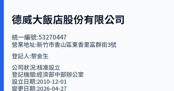 德威大飯店股份有限公司的照片-統編 53270447(新竹市) 公司登記資料與營業項目詳細圖表