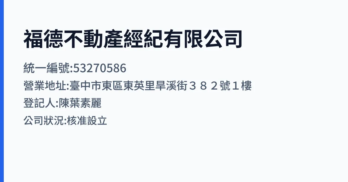 福德不動產經紀有限公司 - 統編 53270586(臺中市) 公司登記資料與營業項目詳細圖表