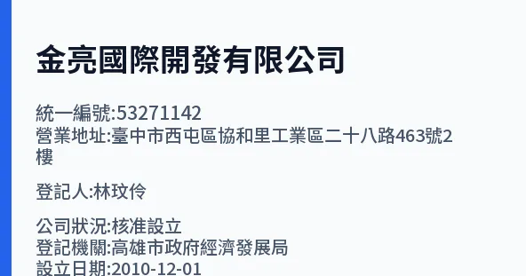 金亮國際開發有限公司的照片-統編 53271142(臺中市) 公司登記資料與營業項目詳細圖表