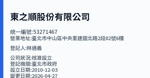 東之順股份有限公司的照片-統編 53271467(臺北市) 公司登記資料與營業項目詳細圖表