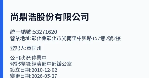 尚鼎浩股份有限公司的照片-統編 53271620(彰化縣) 公司登記資料與營業項目詳細圖表