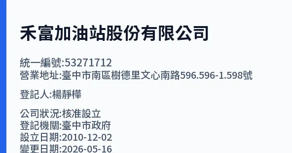 禾富加油站股份有限公司的照片-統編 53271712(臺中市) 公司登記資料與營業項目詳細圖表