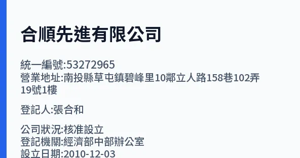 合順先進有限公司的照片-統編 53272965(南投縣) 公司登記資料與營業項目詳細圖表