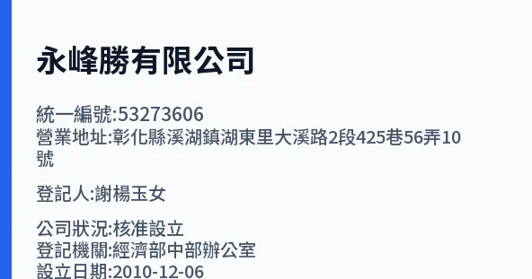 永峰勝有限公司的照片-統編 53273606(彰化縣) 公司登記資料與營業項目詳細圖表