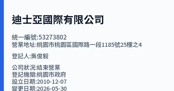 迪士亞國際有限公司的照片-統編 53273802(桃園市) 公司登記資料與營業項目詳細圖表