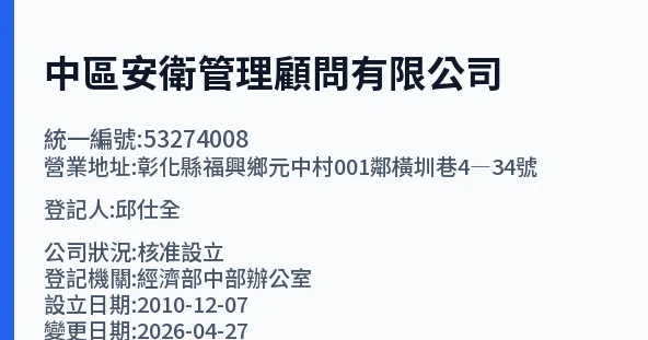 中區安衛管理顧問有限公司的照片-統編 53274008(彰化縣) 公司登記資料與營業項目詳細圖表