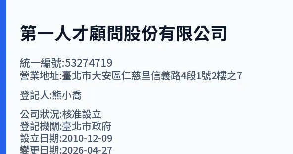 第一人才顧問股份有限公司的照片-統編 53274719(臺北市) 公司登記資料與營業項目詳細圖表