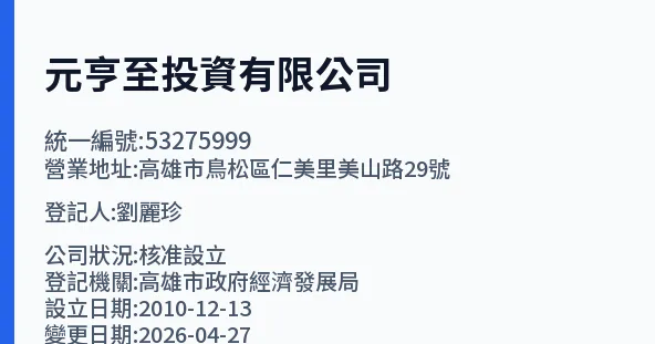 元亨至投資有限公司的照片-統編 53275999(高雄市) 公司登記資料與營業項目詳細圖表