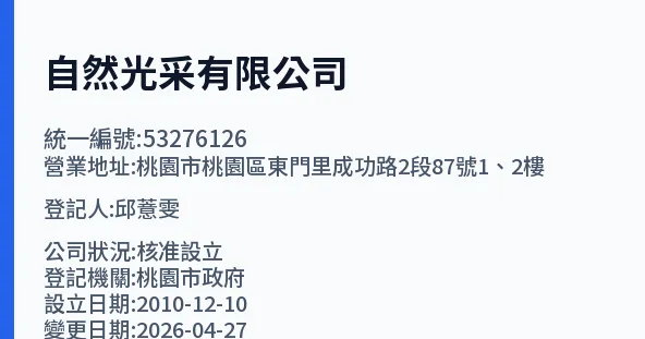 自然光采有限公司的照片-統編 53276126(桃園市) 公司登記資料與營業項目詳細圖表