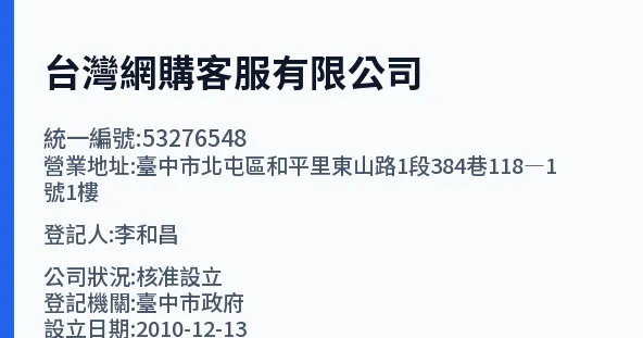 台灣網購客服有限公司的照片-統編 53276548(臺中市) 公司登記資料與營業項目詳細圖表