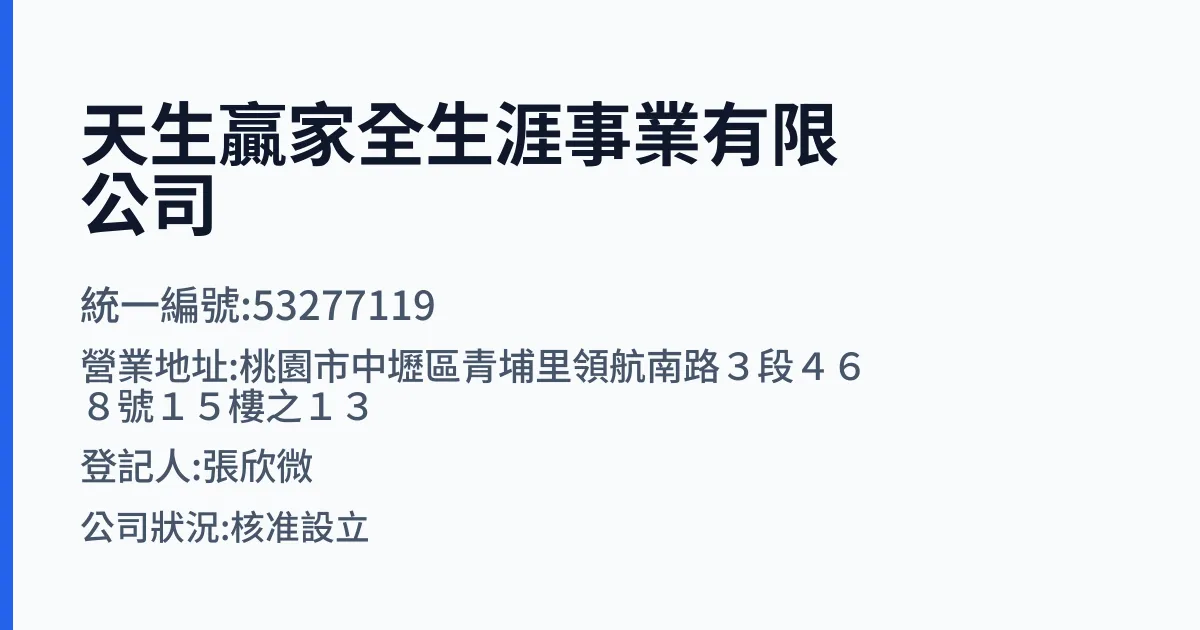 天生贏家全生涯事業有限公司 - 統編 53277119(桃園市) 公司登記資料與營業項目詳細圖表