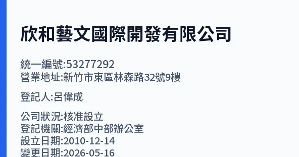 欣和藝文國際開發有限公司的照片-統編 53277292(新竹市) 公司登記資料與營業項目詳細圖表