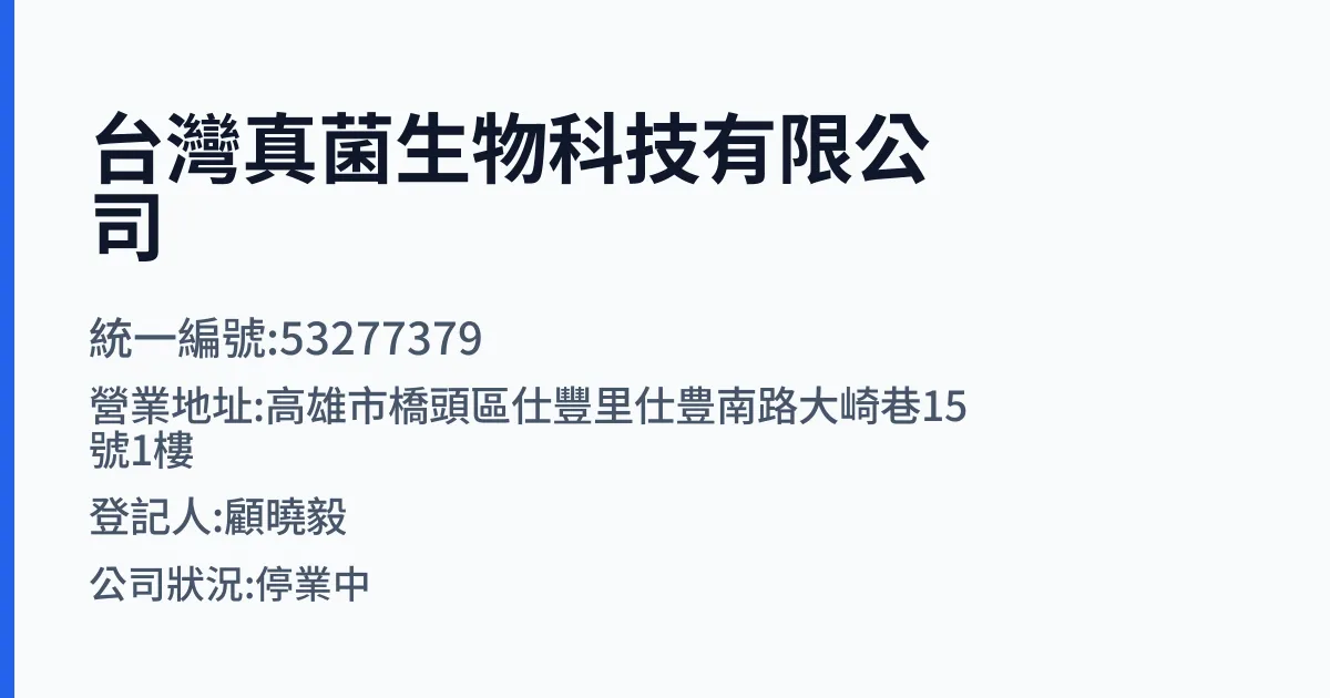 台灣真菌生物科技有限公司 - 統編 53277379(高雄市) 公司登記資料與營業項目詳細圖表