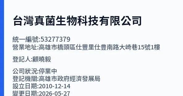 台灣真菌生物科技有限公司的照片-統編 53277379(高雄市) 公司登記資料與營業項目詳細圖表