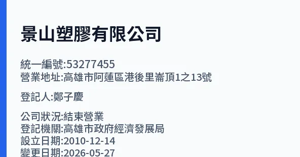 景山塑膠有限公司的照片-統編 53277455(高雄市) 公司登記資料與營業項目詳細圖表
