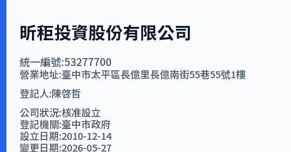 昕秬投資股份有限公司的照片-統編 53277700(臺中市) 公司登記資料與營業項目詳細圖表