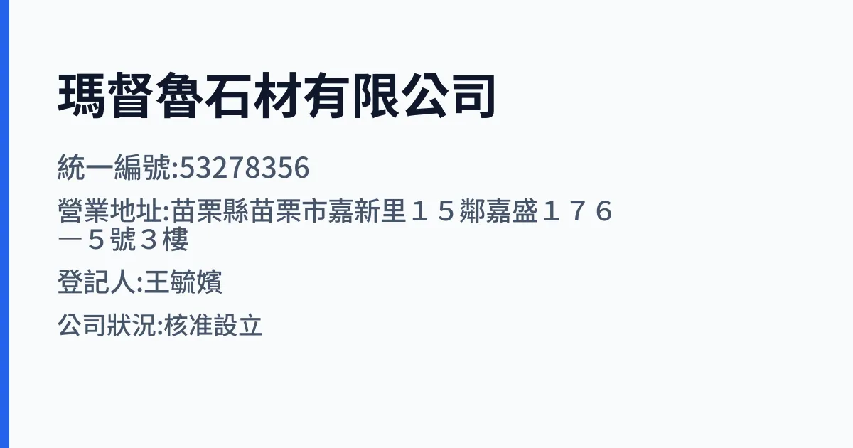 瑪督魯石材有限公司 - 統編 53278356(苗栗縣) 公司登記資料與營業項目詳細圖表