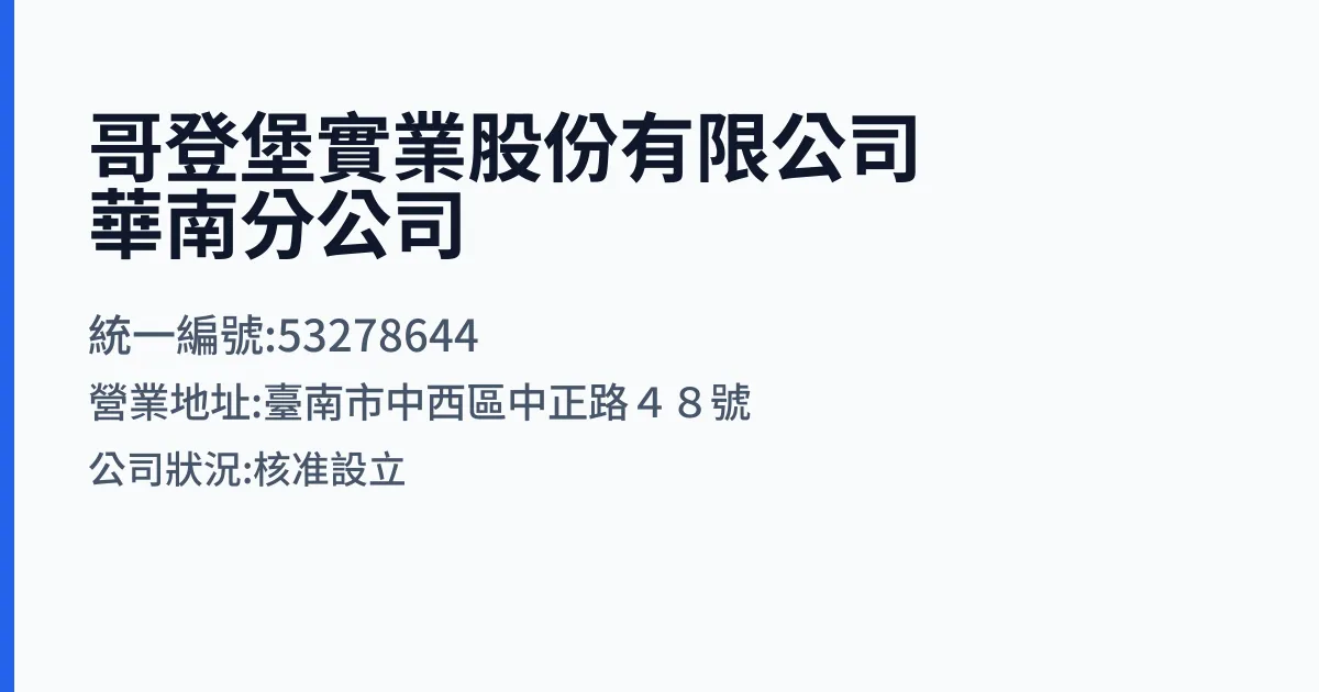哥登堡實業股份有限公司華南分公司 - 統編 53278644(臺南市) 公司登記資料與營業項目詳細圖表