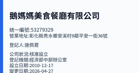 鵝媽媽美食餐廳有限公司的照片-統編 53279329(彰化縣) 公司登記資料與營業項目詳細圖表