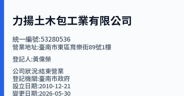 力揚土木包工業有限公司的照片-統編 53280536(臺南市) 公司登記資料與營業項目詳細圖表