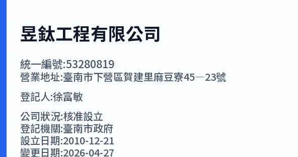 昱鈦工程有限公司的照片-統編 53280819(臺南市) 公司登記資料與營業項目詳細圖表