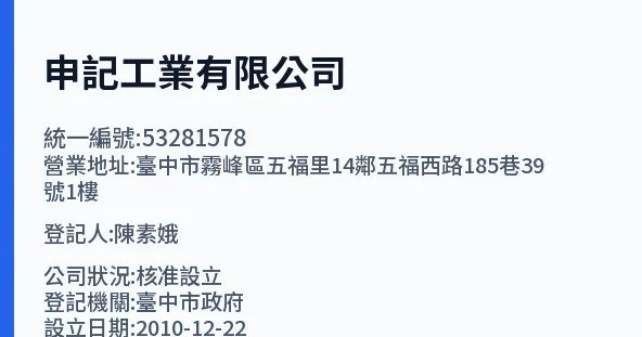 申記工業有限公司的照片-統編 53281578(臺中市) 公司登記資料與營業項目詳細圖表