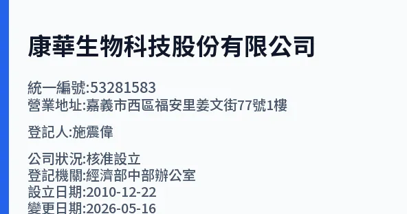 康華生物科技股份有限公司的照片-統編 53281583(嘉義市) 公司登記資料與營業項目詳細圖表
