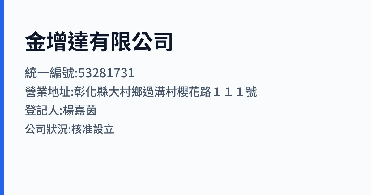 金增達有限公司 - 統編 53281731(彰化縣) 公司登記資料與營業項目詳細圖表