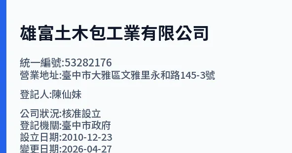 雄富土木包工業有限公司的照片-統編 53282176(臺中市) 公司登記資料與營業項目詳細圖表
