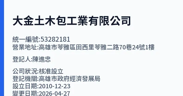大金土木包工業有限公司的照片-統編 53282181(高雄市) 公司登記資料與營業項目詳細圖表