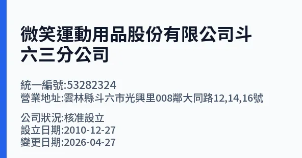 微笑運動用品股份有限公司斗六三分公司的照片-統編 53282324(雲林縣) 公司登記資料與營業項目詳細圖表