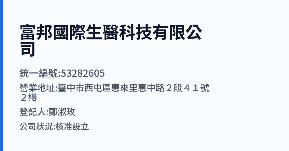 富邦國際生醫科技有限公司 - 統編 53282605(臺中市) 公司登記資料與營業項目詳細圖表