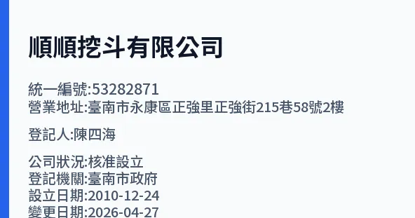 順順挖斗有限公司的照片-統編 53282871(臺南市) 公司登記資料與營業項目詳細圖表