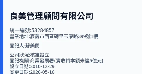 良美管理顧問有限公司的照片-統編 53284857(嘉義市) 公司登記資料與營業項目詳細圖表