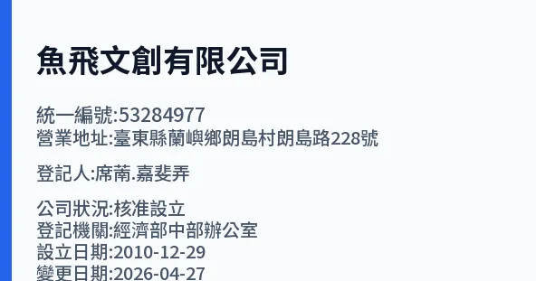 魚飛文創有限公司的照片-統編 53284977(臺東縣) 公司登記資料與營業項目詳細圖表