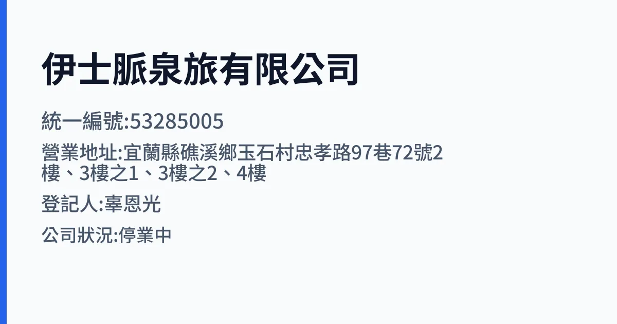 伊士脈泉旅有限公司 - 統編 53285005(宜蘭縣) 公司登記資料與營業項目詳細圖表