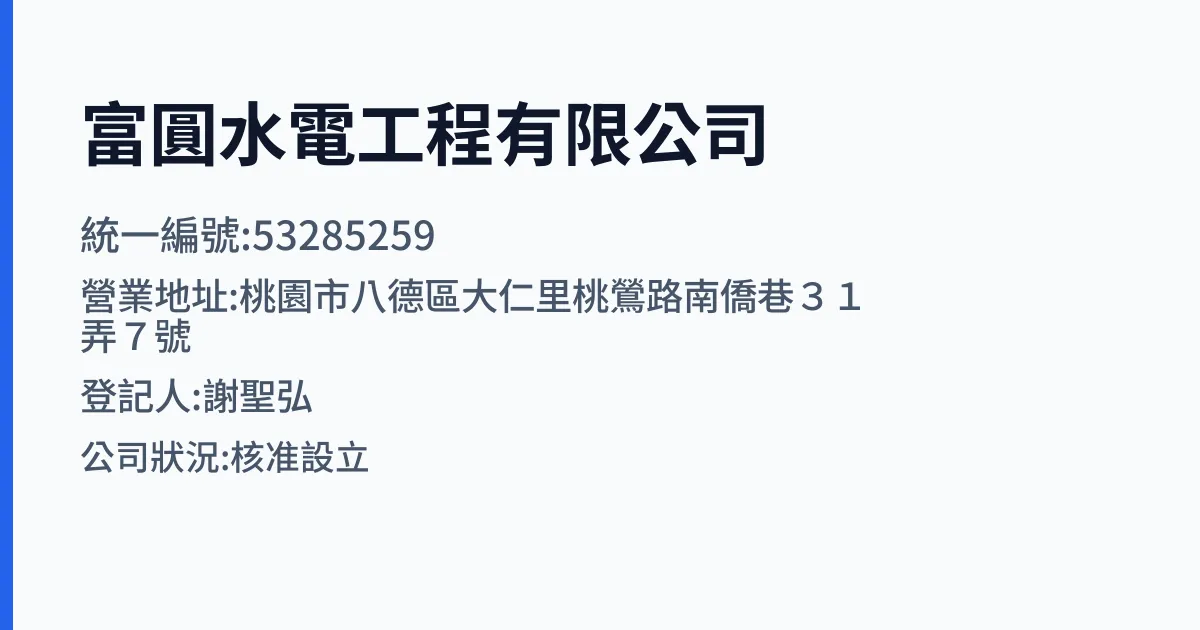 富圓水電工程有限公司 - 統編 53285259(桃園市) 公司登記資料與營業項目詳細圖表