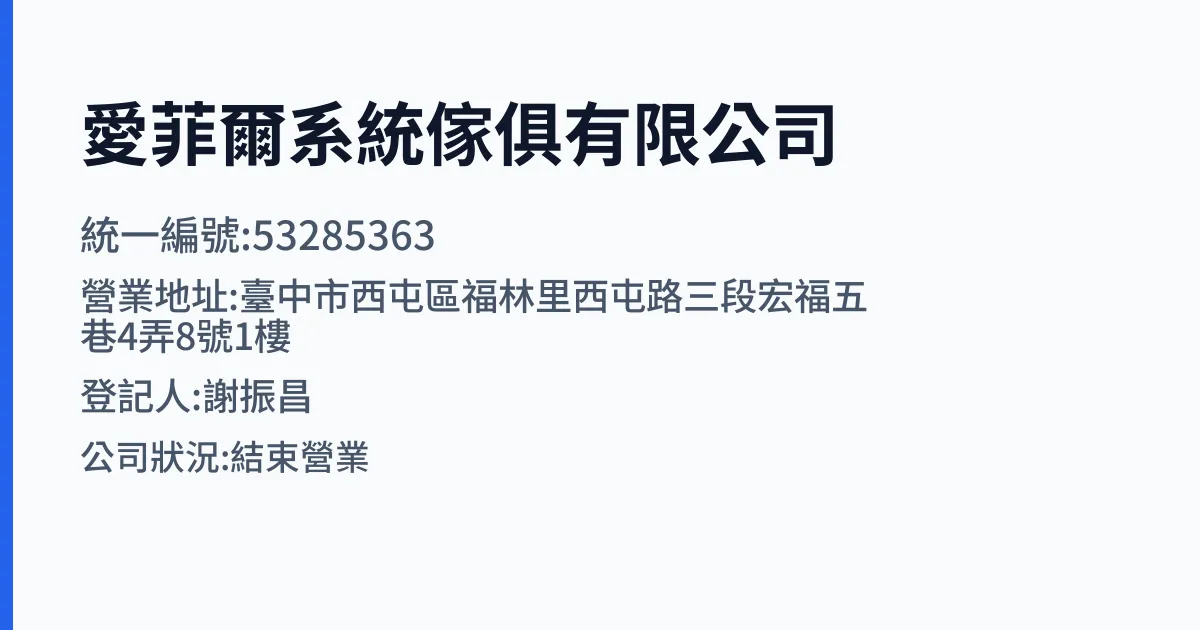 愛菲爾系統傢俱有限公司 - 統編 53285363(臺中市) 公司登記資料與營業項目詳細圖表