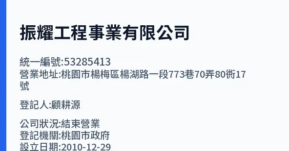 振耀工程事業有限公司的照片-統編 53285413(桃園市) 公司登記資料與營業項目詳細圖表