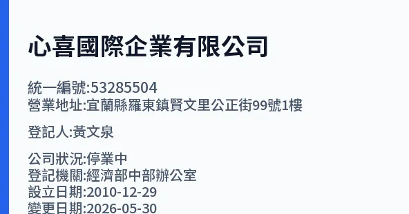 心喜國際企業有限公司的照片-統編 53285504(宜蘭縣) 公司登記資料與營業項目詳細圖表