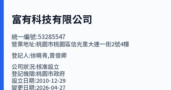 富有科技有限公司的照片-統編 53285547(桃園市) 公司登記資料與營業項目詳細圖表