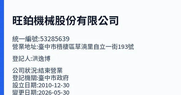 旺鉑機械股份有限公司的照片-統編 53285639(臺中市) 公司登記資料與營業項目詳細圖表