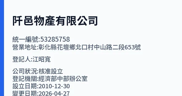 阡邑物產有限公司的照片-統編 53285758(彰化縣) 公司登記資料與營業項目詳細圖表