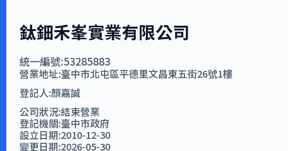 鈦鈿禾峯實業有限公司的照片-統編 53285883(臺中市) 公司登記資料與營業項目詳細圖表