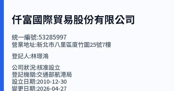 仟富國際貿易股份有限公司的照片-統編 53285997(新北市) 公司登記資料與營業項目詳細圖表