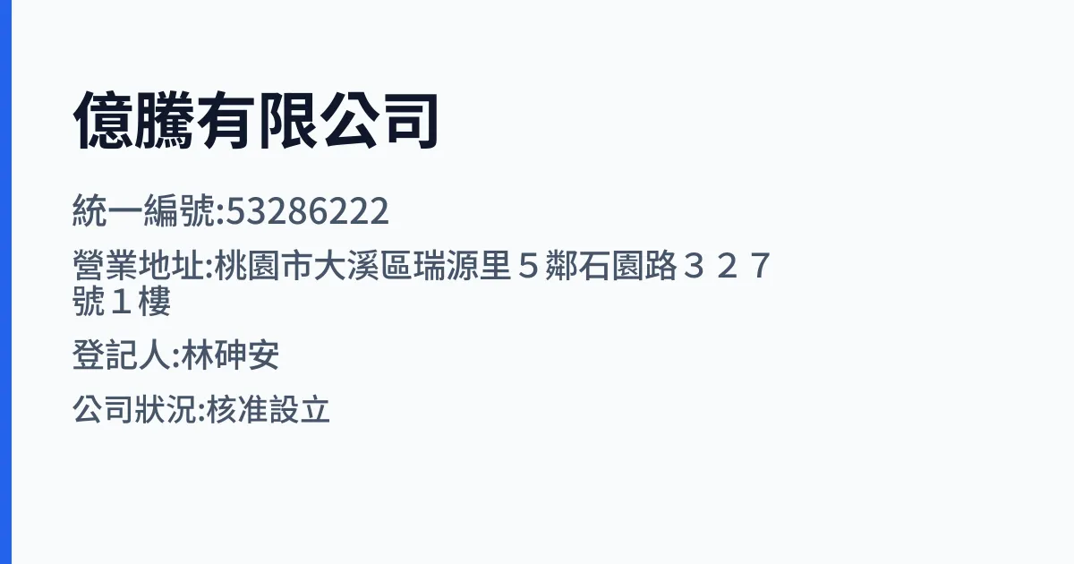 億騰有限公司 - 統編 53286222(桃園市) 公司登記資料與營業項目詳細圖表