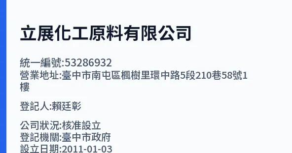 立展化工原料有限公司的照片-統編 53286932(臺中市) 公司登記資料與營業項目詳細圖表