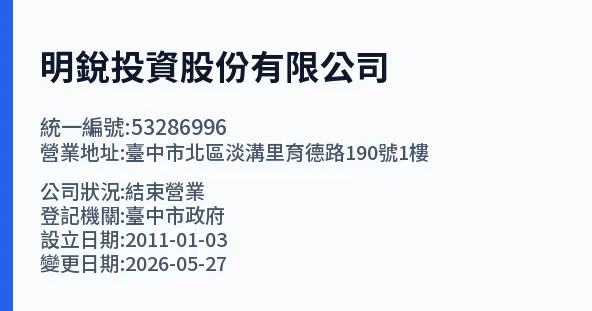 明銳投資股份有限公司的照片-統編 53286996(臺中市) 公司登記資料與營業項目詳細圖表