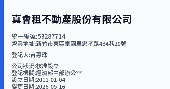 真會租不動產股份有限公司的照片-統編 53287714(新竹市) 公司登記資料與營業項目詳細圖表